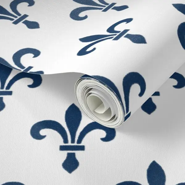 Spoonflower Fleur De Lis Blue White Gothic Medieval French Custom Pre-pasted Wallpaper - Blue,white,gray