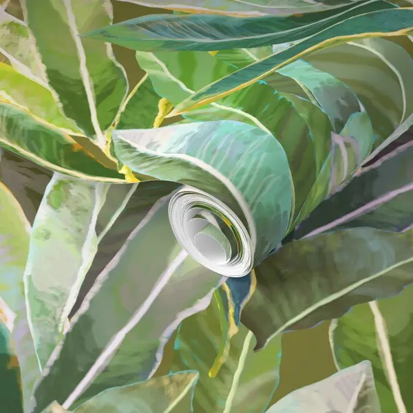 Spoonflower Green Hand Drawn Ginger Painterly Palms Tropical Custom Pre-pasted Wallpaper - Green,yellow