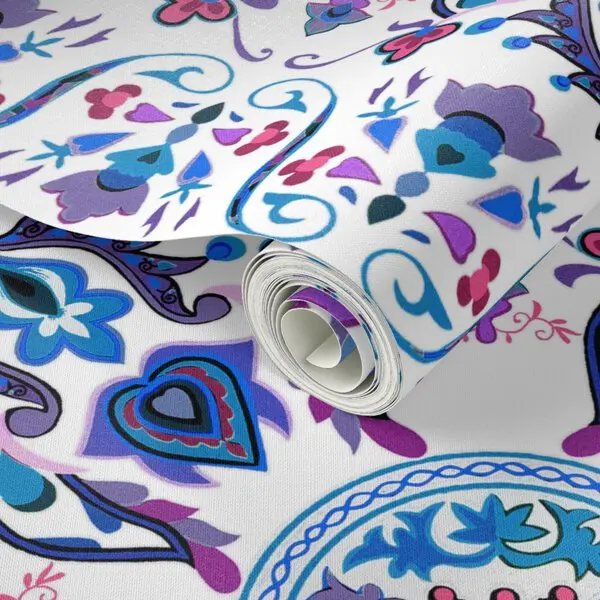 Spoonflower Scandinavian Boho Hygge Blue Purple Red Tile Custom Removable Wallpaper - Blue,white,gray