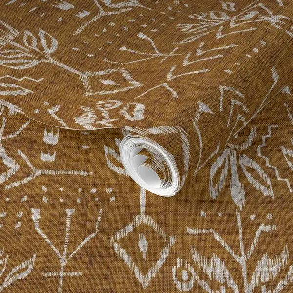Spoonflower Ikat Mustard Brown Gold Tan Tribal Mud Cloth 100% Natural Sisal Grasscloth Wallcovering - Brown,white,gold