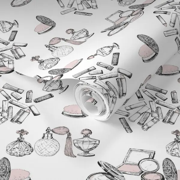 Spoonflower Pink Black And White Retro Hand Drawn Blush Custom Pre-pasted Wallpaper