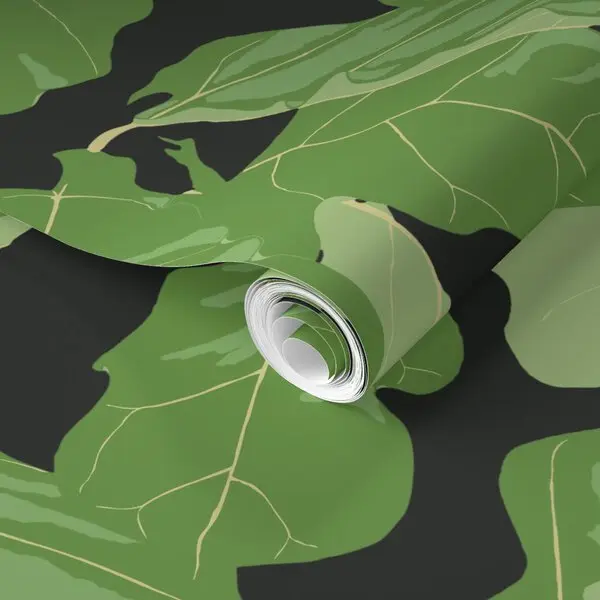 Spoonflower Fiddle Leaf Fig Botanical Black Green Vintage Traditional Wallpaper