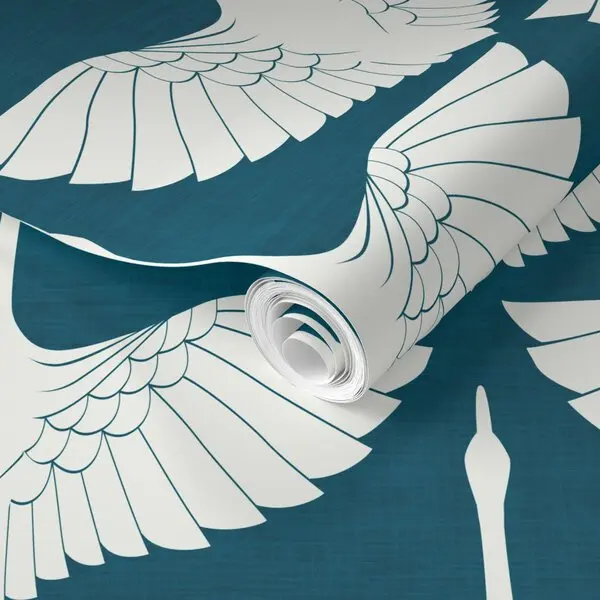 Spoonflower Egret White On Blue Modern Bird Animal Maximalist Custom Pre-pasted Wallpaper - Blue,white,mint