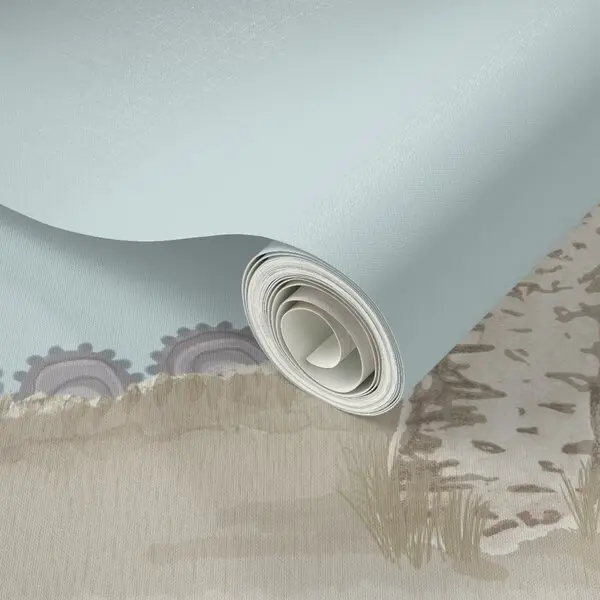 Spoonflower Blue Orange Trees Beige Lemon Chinoiserie Custom Pre-pasted Wallpaper - Sage,gray,green