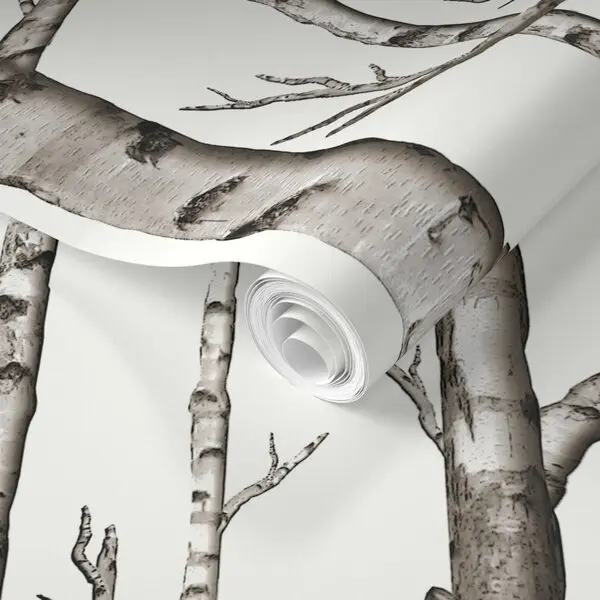 Spoonflower Birch Grove Warm Gray White Forest Black Modern Custom Removable Wallpaper - Gray,white