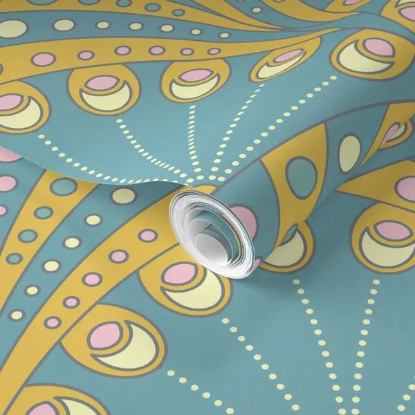 Spoonflower Art Deco Nouveau Peacock Feather Boheme Elegance Custom Pre-pasted Wallpaper - Blue,yellow,teal