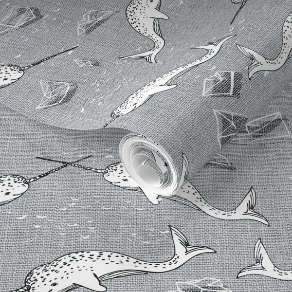 Spoonflower Narwhal Symphony Gray Whale Snow Arctic Nautical Custom Pre-pasted Wallpaper