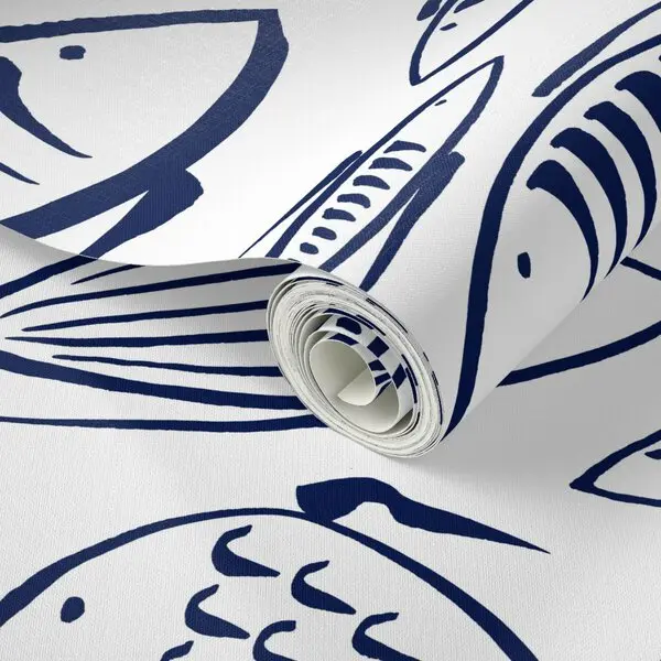 Spoonflower Fish Blue Sea Animals White Ocean Nautical Life Custom Pre-pasted Wallpaper - Blue,white,gray