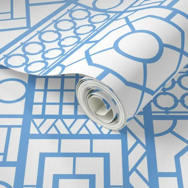 Spoonflower Trellis Cerulean On Custom Pre-pasted Wallpaper - White
