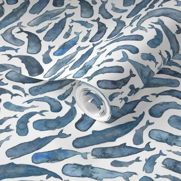 Spoonflower Whales Blue Animal Sea Ocean Nautical Whale Custom Removable Wallpaper - Blue,white