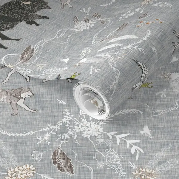 Spoonflower Small Gray Horse Neutral Deer Owl Wolf Running Custom Removable Wallpaper - Gray,beige