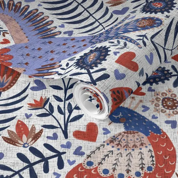 Spoonflower Swedish Folk Art Birds White Texture Flowers Blue Custom Removable Wallpaper - Blue,white,gray