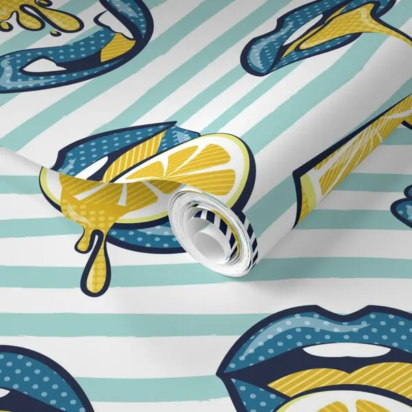 Spoonflower Pop Art Aqua Stripes Background Blue Lips Yellow Traditional Wallpaper