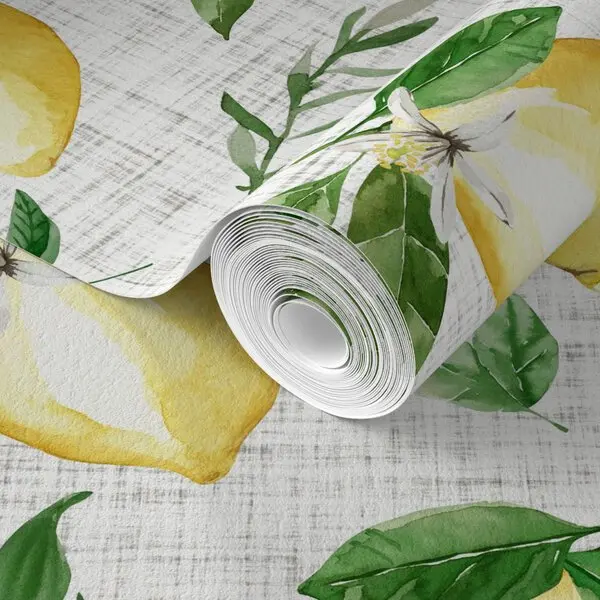 Spoonflower Leaves Fruit Trees Citrus Summer Food Art Custom Removable Wallpaper - Green,sage,gray