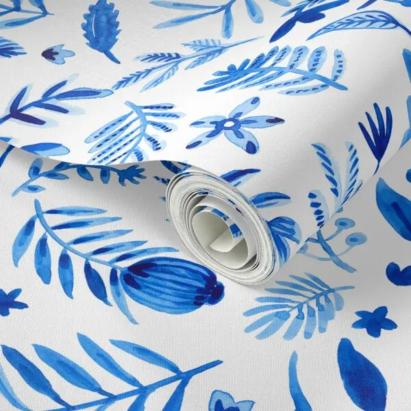 Spoonflower Blue Flowers Leaves Floral Blues Foliage Fleurs Custom Pre-pasted Wallpaper - Blue,gray