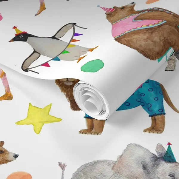 Spoonflower Party Animal Bear Parade Zebra Monkey Giraffe Traditional Wallpaper