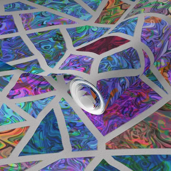 Spoonflower Psychedelic Tile Illustration Marble Cosmic Custom Pre-pasted Wallpaper - Blue,gray,teal