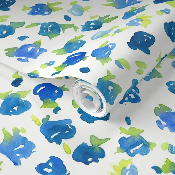 Spoonflower Indigo Watercolor Olive Green Hand Painted Blue Custom Removable Wallpaper - Blue,green,sage
