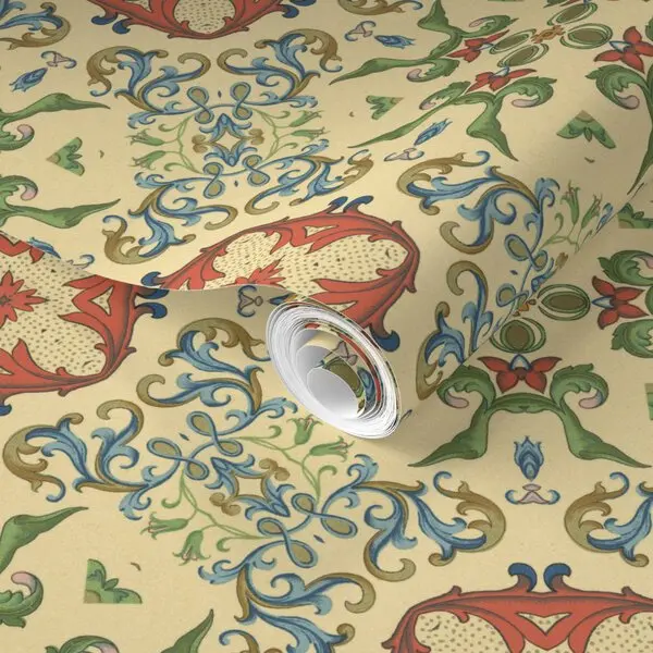 Spoonflower Medieval Tile Illustration Damask Renaissance Custom Removable Wallpaper - Beige,green,brown