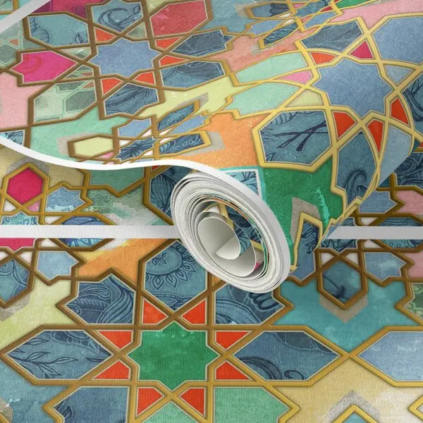 Spoonflower Blue Gold Geometric Mosaic Moroccan Colorful Tiles Custom Removable Wallpaper - Green,blue,brown