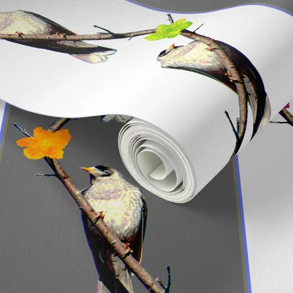 Spoonflower Feathers Botanical Cherry Blossoms Pollinators Custom Pre-pasted Wallpaper - Gray,black,teal