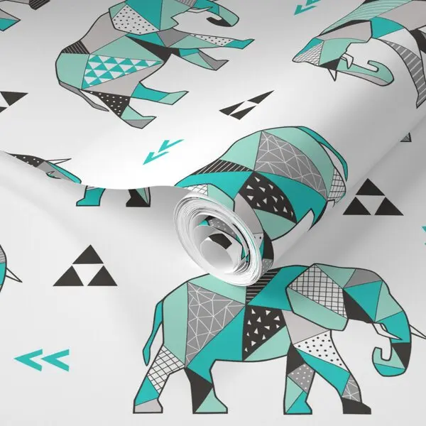 Spoonflower Elephants Geometric Triangles Mint Green Elephant Custom Pre-pasted Wallpaper - Mint,blue,green