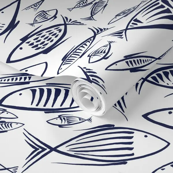 Spoonflower White Blue Fish Sea Ocean Nautical Ultramarine Traditional Wallpaper - Blue,white,gray
