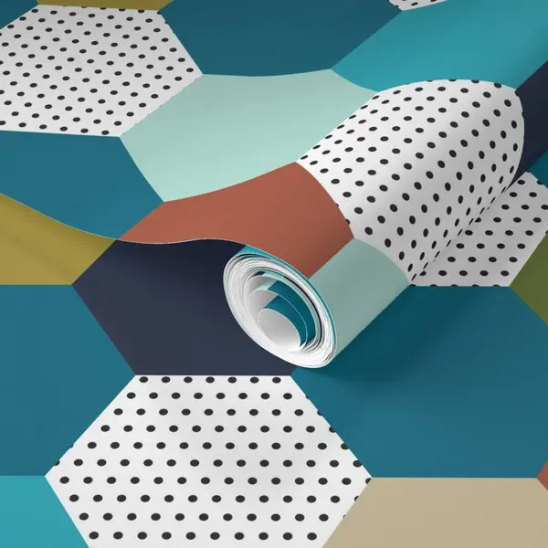 Spoonflower Hexagon Wholecloth Autumn Teal Cheater Quilt Traditional Wallpaper - Blue,green,teal