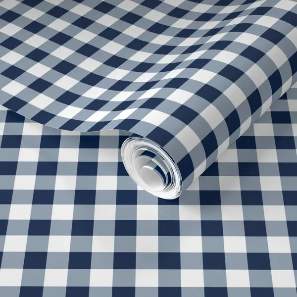 Spoonflower White Gingham Squares Buffalo Check Navy Blue Custom Pre-pasted Wallpaper - Blue,white
