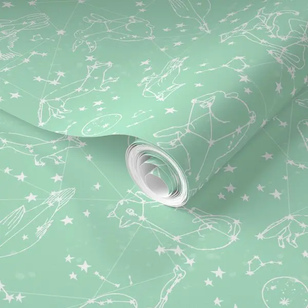 Spoonflower Constellations Constellation Mint Nursery Custom Removable Wallpaper - Green,mint