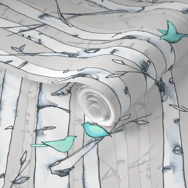 Spoonflower Birch Birds Trees Nature Watercolor Teal Gray Custom Removable Wallpaper