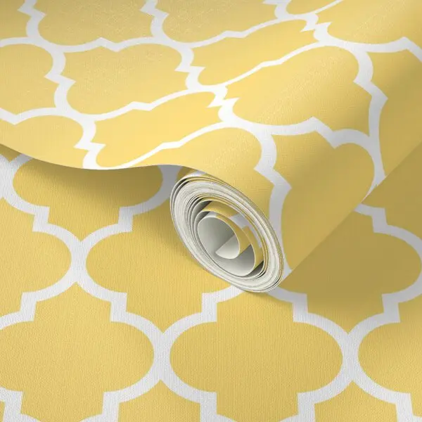 Spoonflower Moroccan Quatrefoil Lattice Lemon Yellow Custom Pre-pasted Wallpaper - Orange,white,yellow