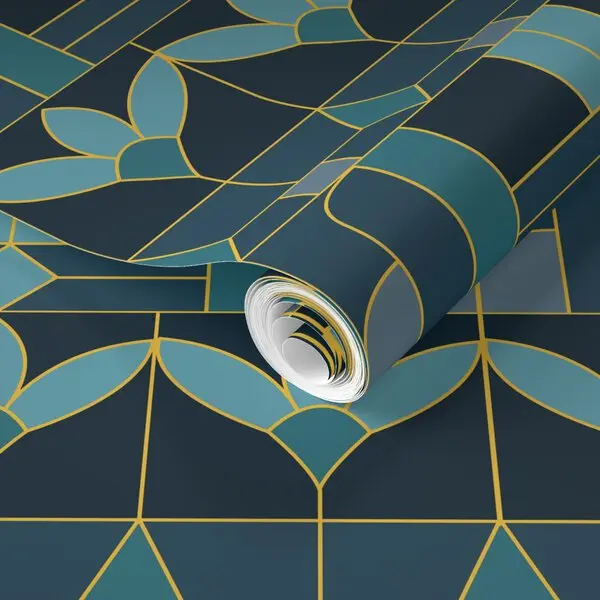 Spoonflower Art Deco Stained Glass Jade Gold Aqua Geometric Custom Pre-pasted Wallpaper - Blue,gold,sage