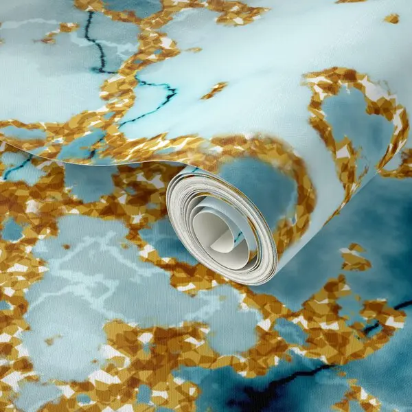 Spoonflower Vintage Teal Retro Gold Marble Luxury Custom Removable Wallpaper - Teal,brown,blue