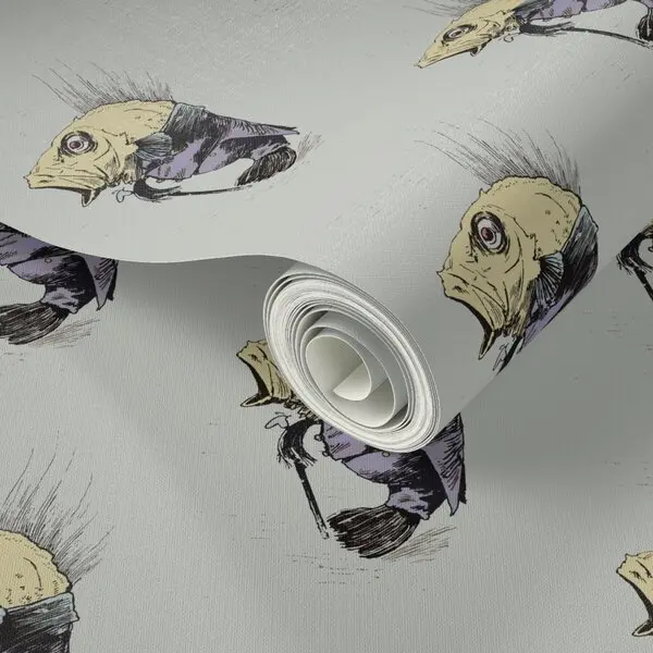 Spoonflower Fish Victorian Cartoon Gothic Steampunk Gentleman Traditional Wallpaper
