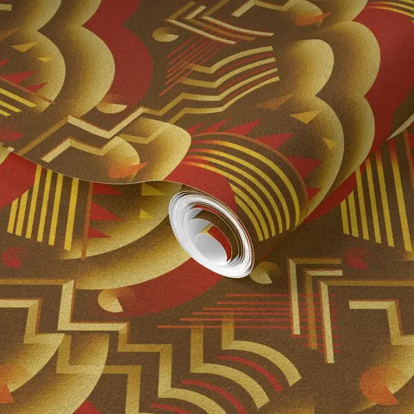 Spoonflower Art Deco Retro Style Red Gold 1920s Vintage Traditional Wallpaper - Red,gold,brown