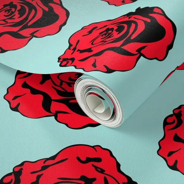 Spoonflower Red Rose Op Art 50 Retro Duck Egg Blue Black Custom Removable Wallpaper - Red,blue,turquoise