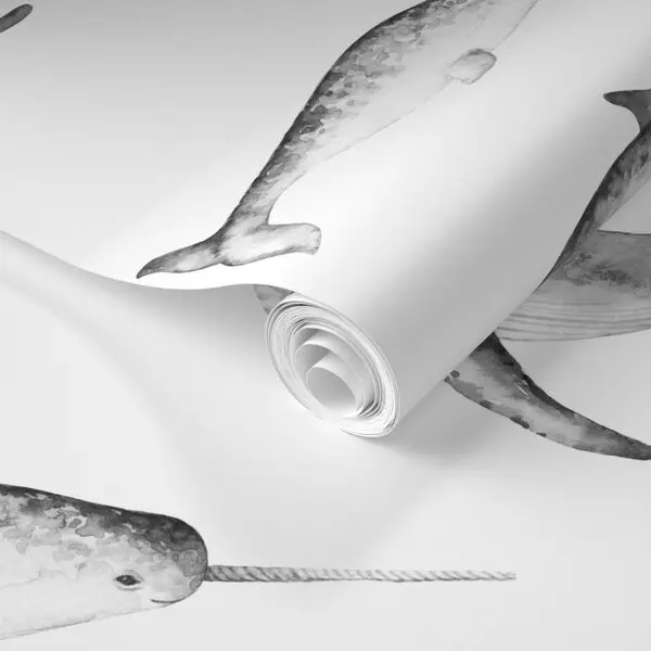 Spoonflower Black And White Monochrome Whale Whales Ocean Custom Removable Wallpaper - Black,white,gray