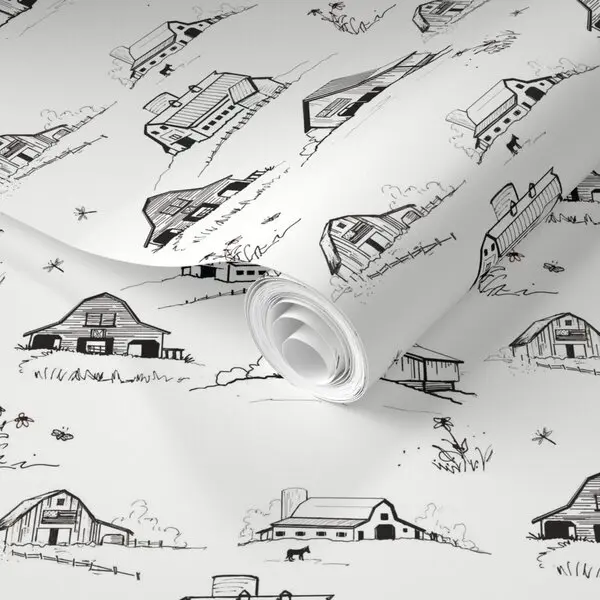 Spoonflower Toile Cottage Countryside Wildflowers Barns Custom Removable Wallpaper - Black,white,gray