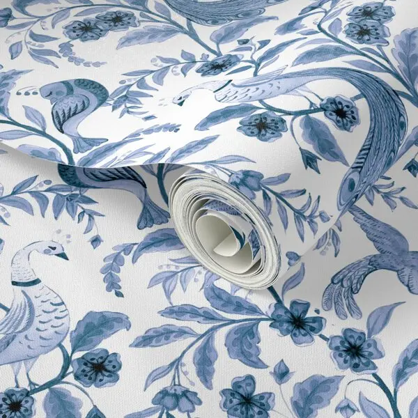 Spoonflower Birds Animals Peacock Vine White Background Hand Custom Pre-pasted Wallpaper