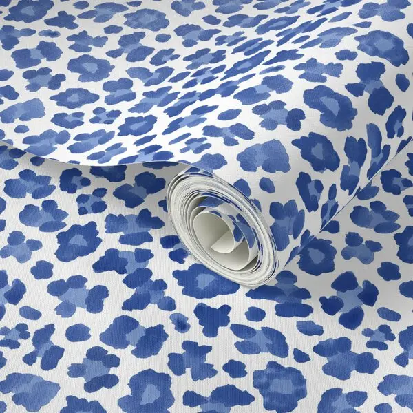 Spoonflower Blue Leopard Print White Spots Animal Cheetah Custom Pre-pasted Wallpaper - Blue,white