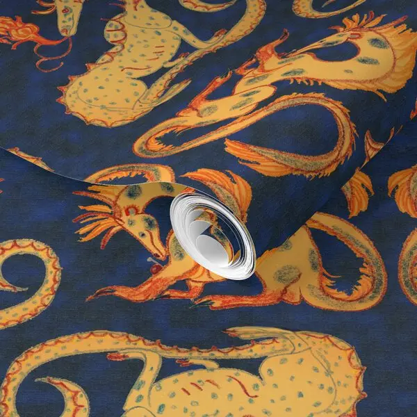 Spoonflower Dragons Medieval Heraldic Whimsical Custom Removable Wallpaper - Blue,brown