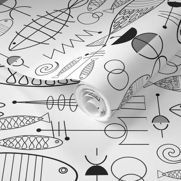 Spoonflower Mid Century Modern Fish Black White Abstract Art Custom Removable Wallpaper - White,black,gray