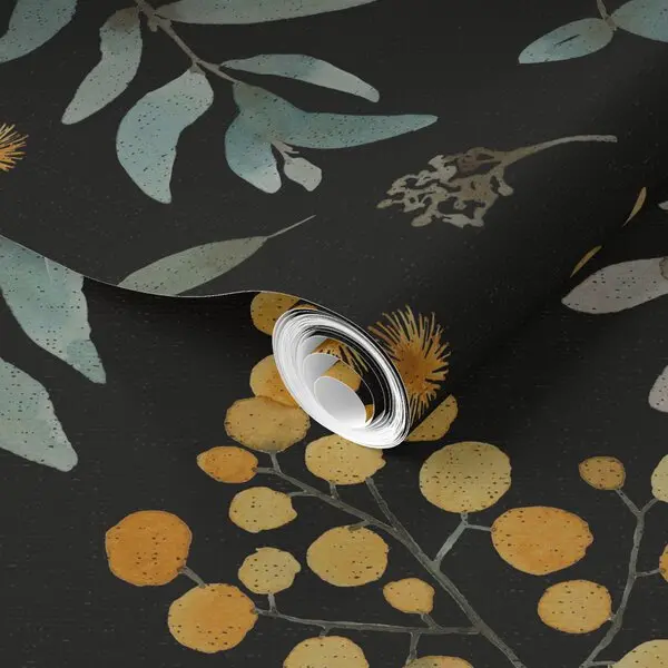 Spoonflower Black Background Watercolor Wattle Eucalyptus Custom Pre-pasted Wallpaper - Black,green,brown