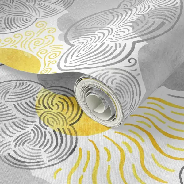 Spoonflower Sun Shines Clouds Yellow Gray Grey Watercolor Custom Pre-pasted Wallpaper