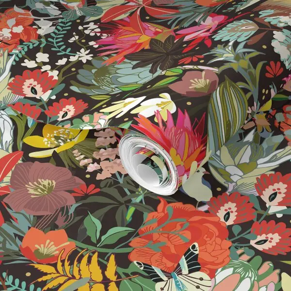 Spoonflower Florals Bouquet Abundance Lushness Botanical Custom Removable Wallpaper - Green,black,sage