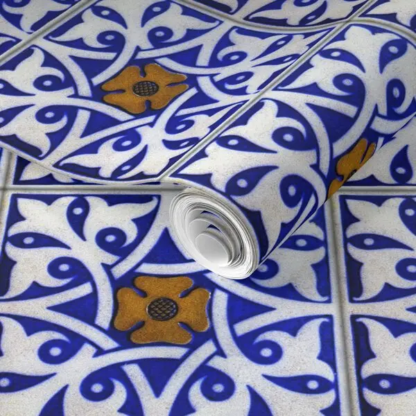 Spoonflower Blue White Tile Cobalt Gold Medieval Art Nouveau Custom Pre-pasted Wallpaper