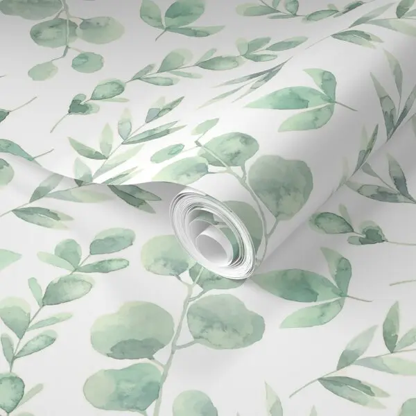 Spoonflower Nursery Eucalyptus Watercolor Leaf Leaves Custom Pre-pasted Wallpaper - Green