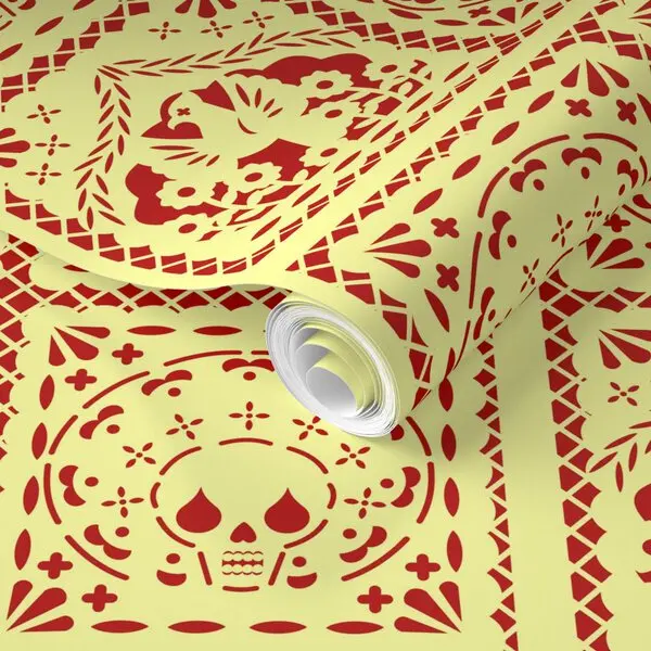 Spoonflower Papel Picado Yellow On Red Ground Custom Removable Wallpaper - Green,brown