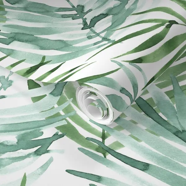 Spoonflower Watercolor Tropical Palm Leaf Green Jungle Exotic Custom Removable Wallpaper - Green,white